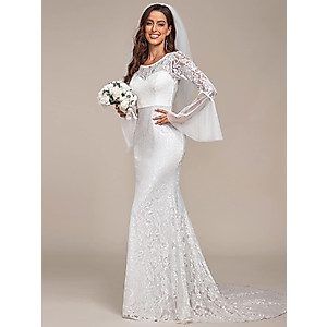 Ever-Pretty Women Lace Flare Sleeve Long Bridesmaid Dress Evening Party Dress White US16