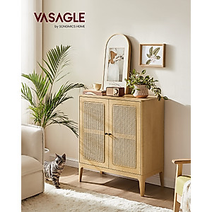 VASAGLE by SONGMICS HOME Rattan Sideboard Buffet Storage Cabinet - Kitchen Cupboard Server Console Table with Adjustable Shelves, 15.7 x 31.5 x 35.4 Inches for Entryway, Living Room, Natural