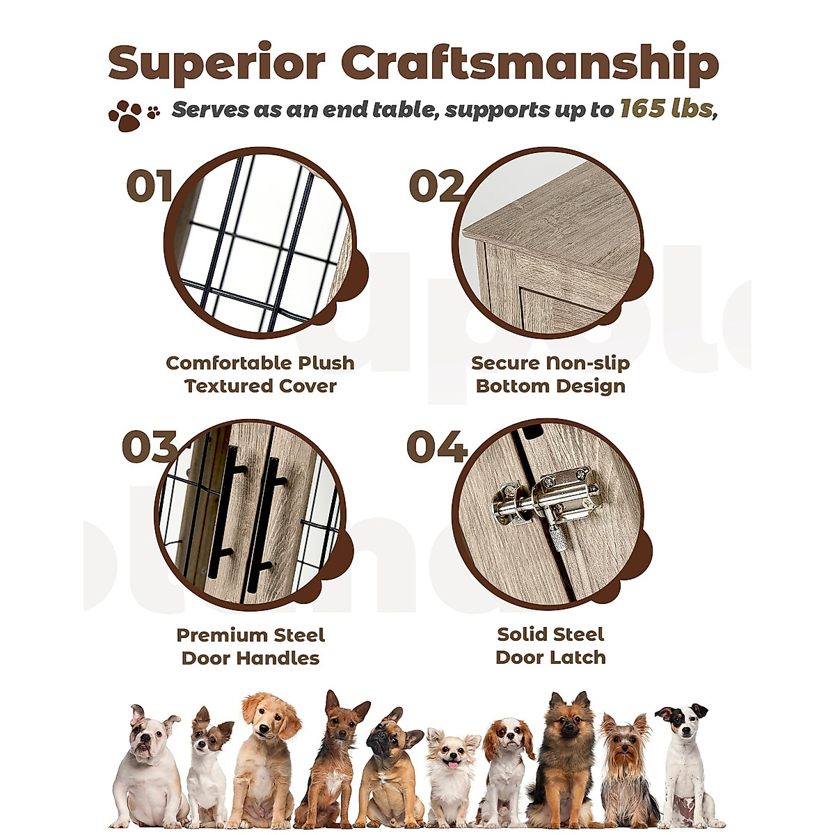 Upolana Large Dog Crate Furniture, 38 inch Dog Crates with Bed Pad, Wooden Dog Kennel Furniture, End Table Dog Cage with 3 Doors, Greige S35812