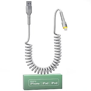 Coiled iPhone Lightning Cable Apple Carplay Cable MFi Certified, Retractable Apple Car Play Cord with Data Sync and LED, Short Coiled iPhone Charger Cable for iPhone/Pad/Pod, White