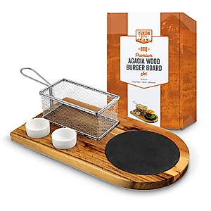 Yukon Glory™ Burger Serving Set, Perfect For Foodies, Burger Lovers and Tablescapes, Includes Premium Acacia Wood Board With Slate, Stainless Steel Fry Basket and Porcelain Condiment Cups,