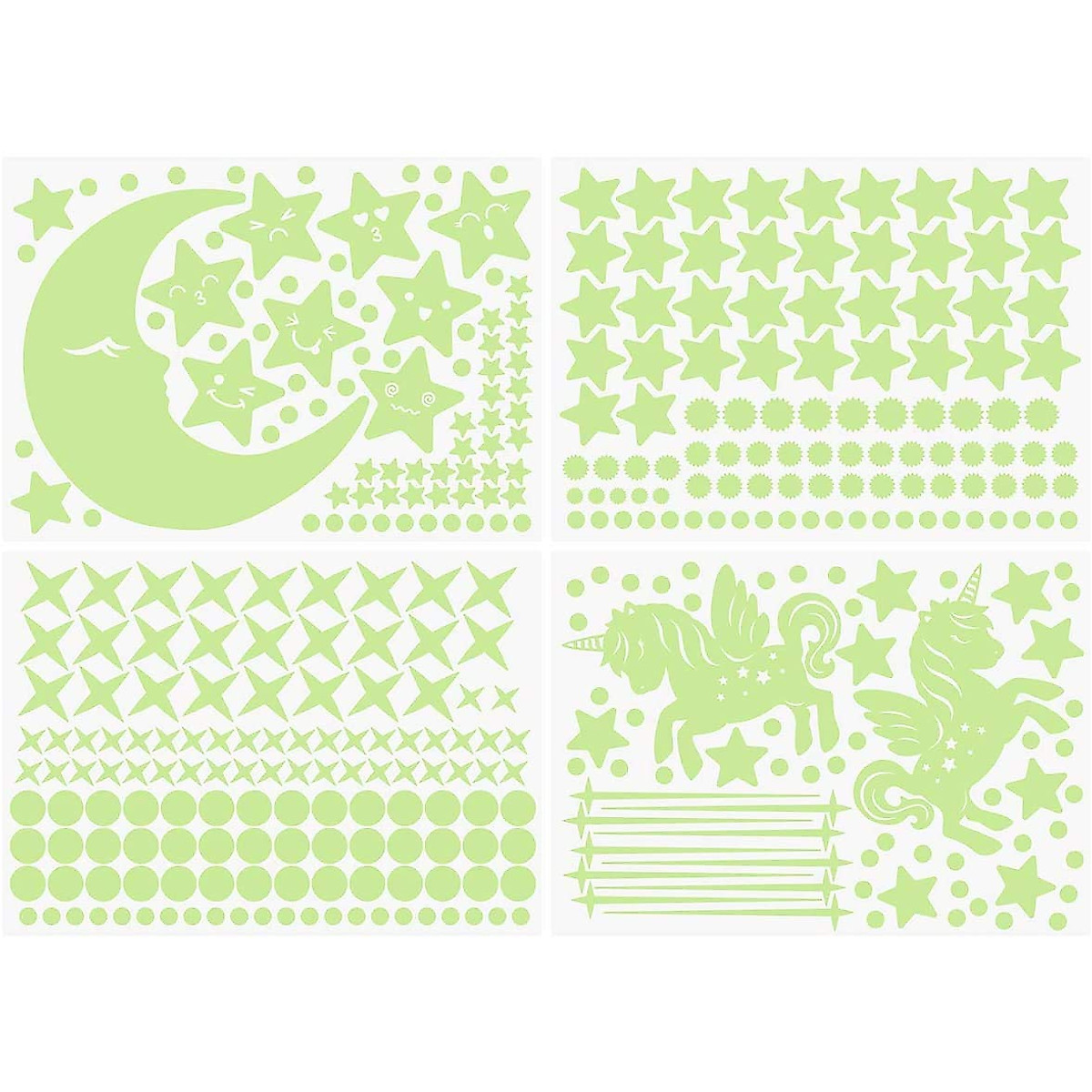 382 Pcs Glow in The Dark Stars Wall Stickers, Glowing Stars for Ceiling and Wall Decals, 3D Glowing Stars Moon Unicorn for Kids Boys Girls Bedding Room Decoration or Party Birthday Gift