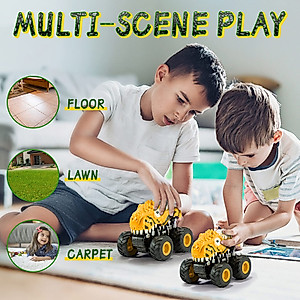 Henoda Dinosaur Toys Pull Back Cars, 2 Pack Monster Truck for 3+ Year Old Boy, Educational Push and Go Friction Powered Cars, Easter Birthday Gifts for 3 4 5 6 Year Old Boys Girls(Yellow)