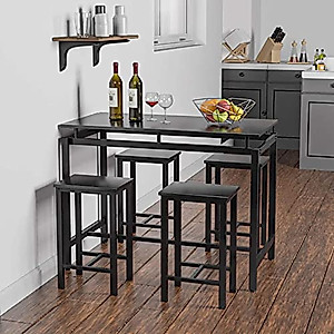 LinkRomat Dining Room Table Set, Bar Dining Table Set for 4, Industrial Kitchen Table with 4 Square Stools, 5 Piece Height Pub Dinner Table Set for 4, Bistro Table and Chairs for Small Spaces, Black