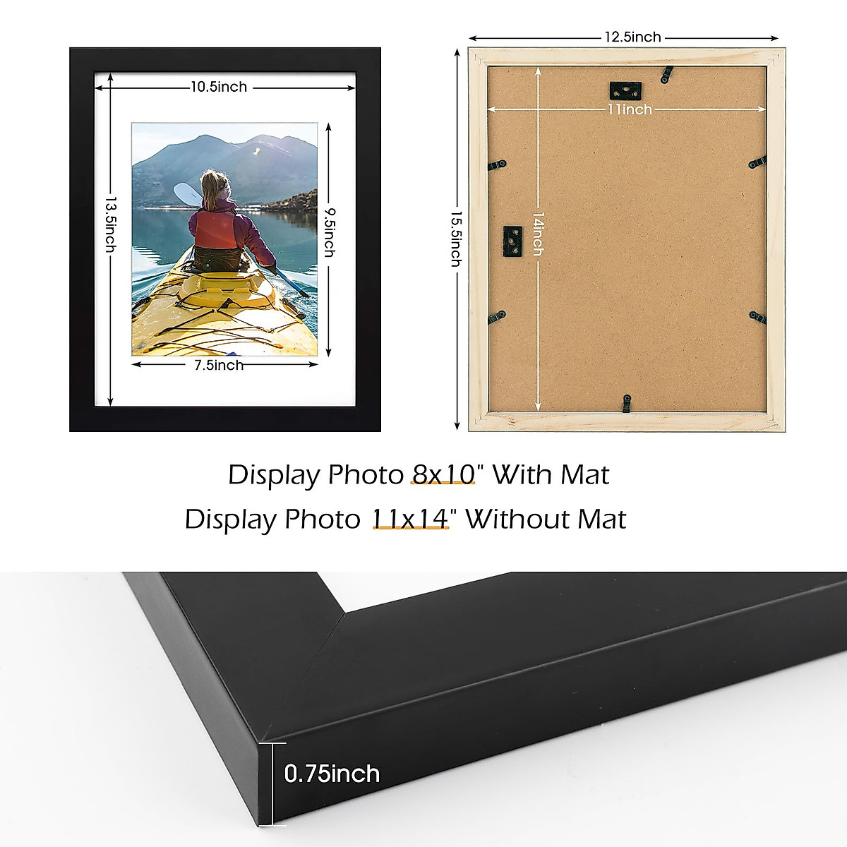 Golden State Art, 11x14 Black Picture Frame - Solid Wood, Tempered Glass, and White Mat Display for 8x10 Picture (Wall Display)