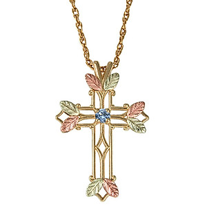 Aquamarine Pointed Cross Pendant Necklace, 10k Yellow Gold, 12k Green and Rose Black Hills Gold 18 Inches