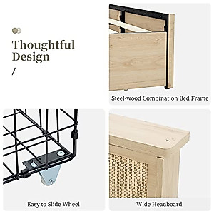 Yechen Queen Bed Frame with Natural Rattan Headboard and Wooden 4 Storage Drawers, Metal Platform with Strong Wooden Slats Support, Boho Cane Bed Mattress Foundation, No Box Spring Needed