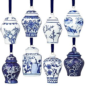 8 Pcs Christmas Mini Ginger Jar Ornaments Chinoiserie Porcelain Hanging Ornaments Ceramic Christmas Ornaments Blue and White Christmas Tree Decorations Christmas Hanging Pendant (Vintage Style)