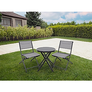 BTEXPERT 3-Piece Patio Bistro Dining Furniture Set Portable Folding Picnic Table Two Chairs Outdoor Foldable Gray for Backyard Porch Party RV Event Camping Commercial Grade Tempered Glass No Assembly