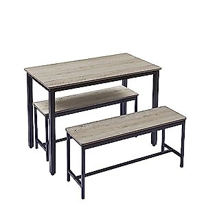 CANJUXK Dining Table Set, Bar Table with 2 Dining Benches, Kitchen Table Counter with Chairs, Industrial for Kitchen Breakfast Table, Living Room, Party Room, Grey.43.3″L x 23.6″W x 29.9″H