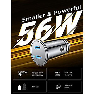 USB C Car Charger, 56W Smallest AINOPE USB C Cigarette Lighter Adapter Fast Charger, PD 3.0 Dual Car Charger USB C Compatible with iPhone 14/13 Pro/12/12 Pro/12 Mini, Galaxy S20/S10, iPad Pro