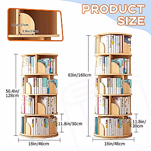 Rotating Bookshelf Tower, 4/5 Tier Circular Bookshelf for Kids&Adults, 18 in Wood 360° Floor Standing Book Storage Rack, Spinning Bookshelf Tower for Classroom Playroom Study Bedroom (White, 1-5)