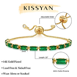 KissYan Tennis Bracelet for Women, 14K Gold Plated Cubic Zirconia Adjustable Slider Bracelets Classic Trendy Jewelry Gift(Green)