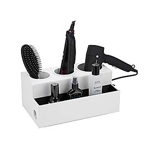 JACKCUBE Design Hair Dryer Holder Hair Styling Product Care Tool Organizer Bath Supplies Accessories Tray Stand Storage Bathroom Vanity Countertop with 3 Holes (White) – :MK154D