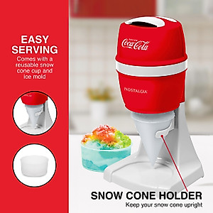 Nostalgia Coca-Cola Snow Cone Shaved Ice Machine - Retro Table-Top Slushie Machine - Includes 1 Reusable Plastic Cup and Ice Mold, Coke Red