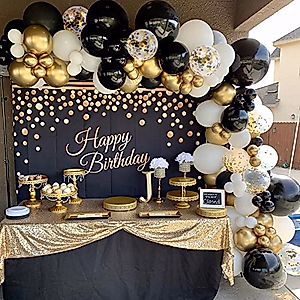 Black and Gold Balloons Garland Arch Kit, 124pcs 18 12 10 5 In Black White Metallic Gold Confetti Latex Balloons Arch Kit for Graduation Baby Shower Birthday Wedding With Balloon Strip and Gold Ribbon