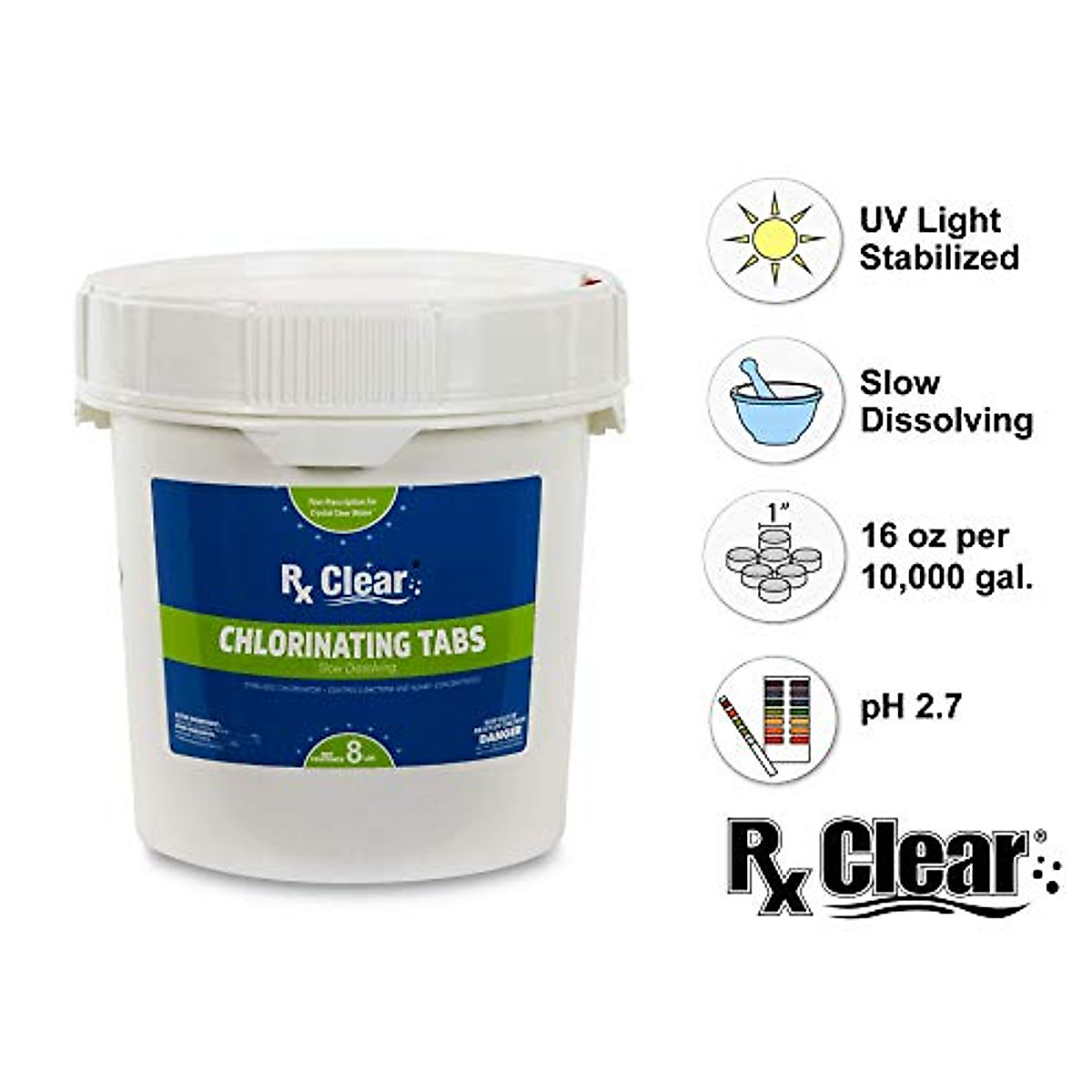 Rx Clear 1-Inch Stabilized Chlorine Tablets | Use As Bactericide, Algaecide, and Disinfectant in Swimming Pools and Spas | Slow Dissolving and UV Protected | 8 Lbs
