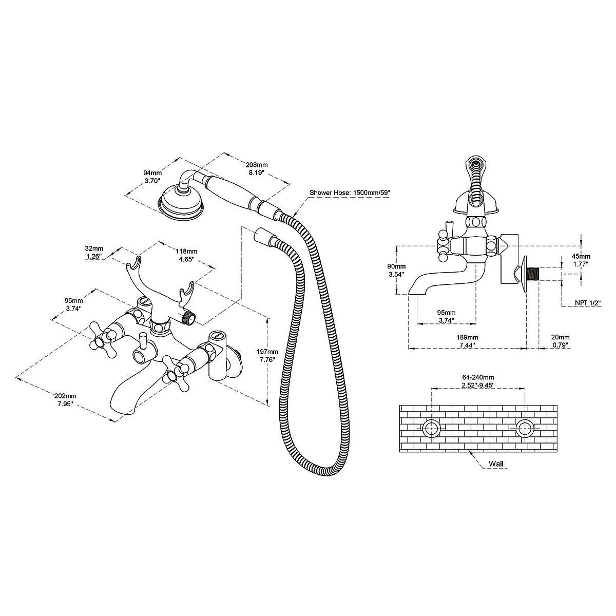 Hanallx Clawfoot Tub Faucet Wall Mount Tub Filler Brushed Gold Vintage Bathtub Faucets Brass with Telephone Shaped Handheld Shower