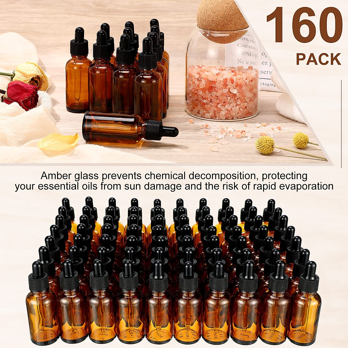 160 Pack 1oz Glass Dropper Bottle 30ml Glass Bottles with Droppers, 16 Funnels and 2 Long Droppers, Eye Dropper Bottles Bulk Leak Proof Tincture Bottle for Essential Lab Chemicals (Amber, Black)