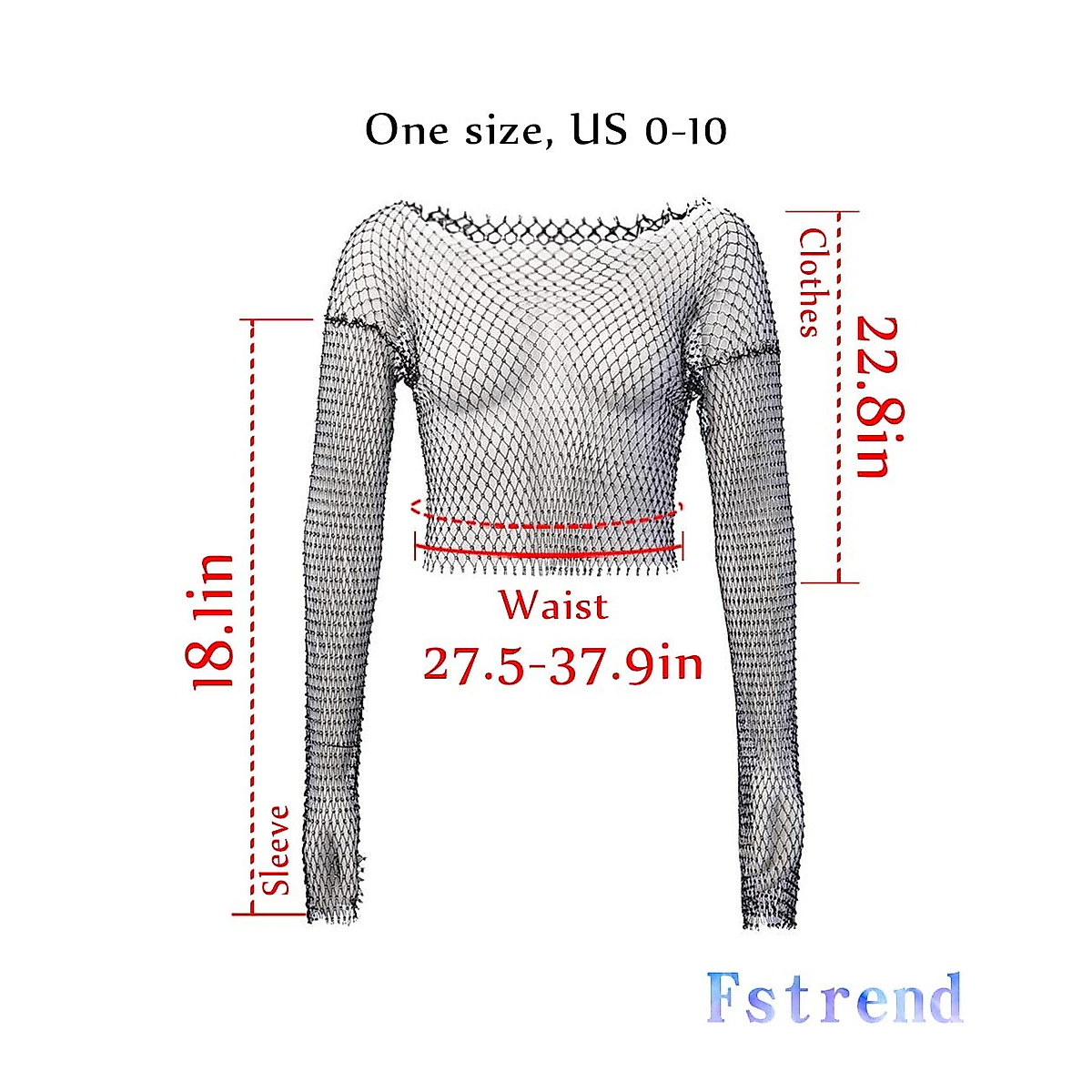 Fstrend Mesh Body Chains Crystal Long Sleeve Fishnet Crop Tops Rhinestone See Through Cover up Bikini for Women
