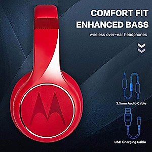 Motorola Escape 220 Passive Noise Canceling Headphones | Bluetooth Headphones with Microphone | Wireless Headphones with 24 Hour Battery Life | Voice Assistant Compatible Headphones (Red)