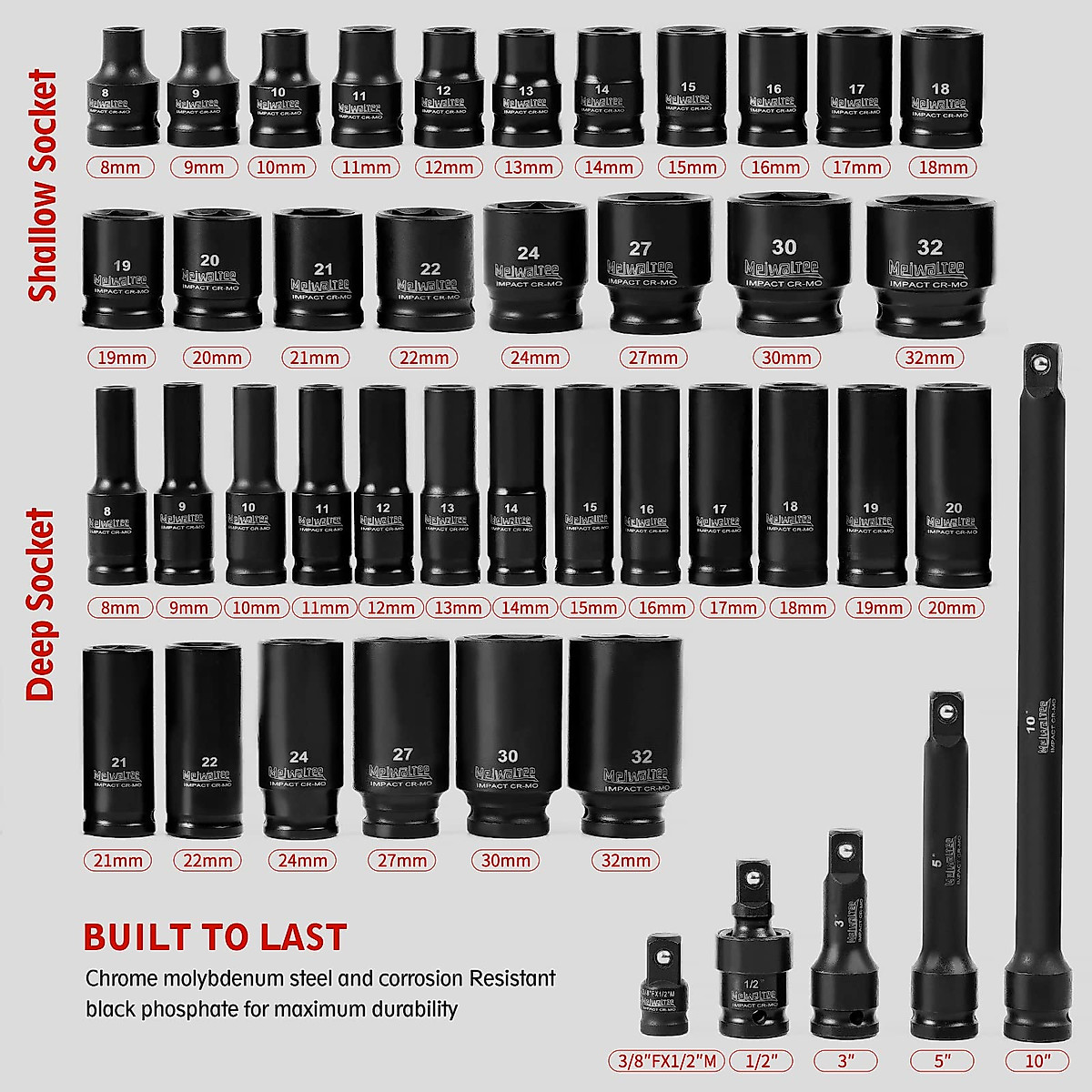 Meiwaltee 1/2" Drive Deep Impact Socket Set, 20PCS Metric10-24mm socket Assortment include 3'' 5'' 10'' Extension Bar,Cr-MO steel with black phosphate coating