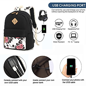 Natayoo Floral School Backpacks for Teen Girls Women with Lunch Bag and Pencil Bag, College Bookbag Water Resistant Laptop Backpack with USB Charging Port