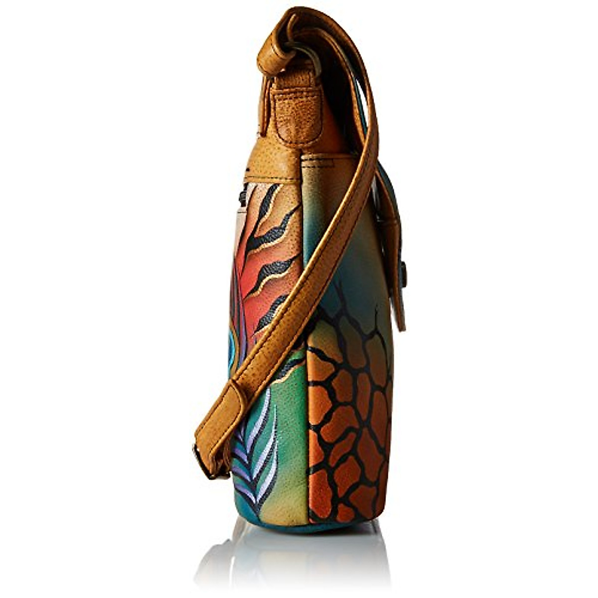 Anna by Anuschka Genuine Leather V-Shap Flap Crossbody Bag | Hand-Painted Original Artwork | Peacock Collage