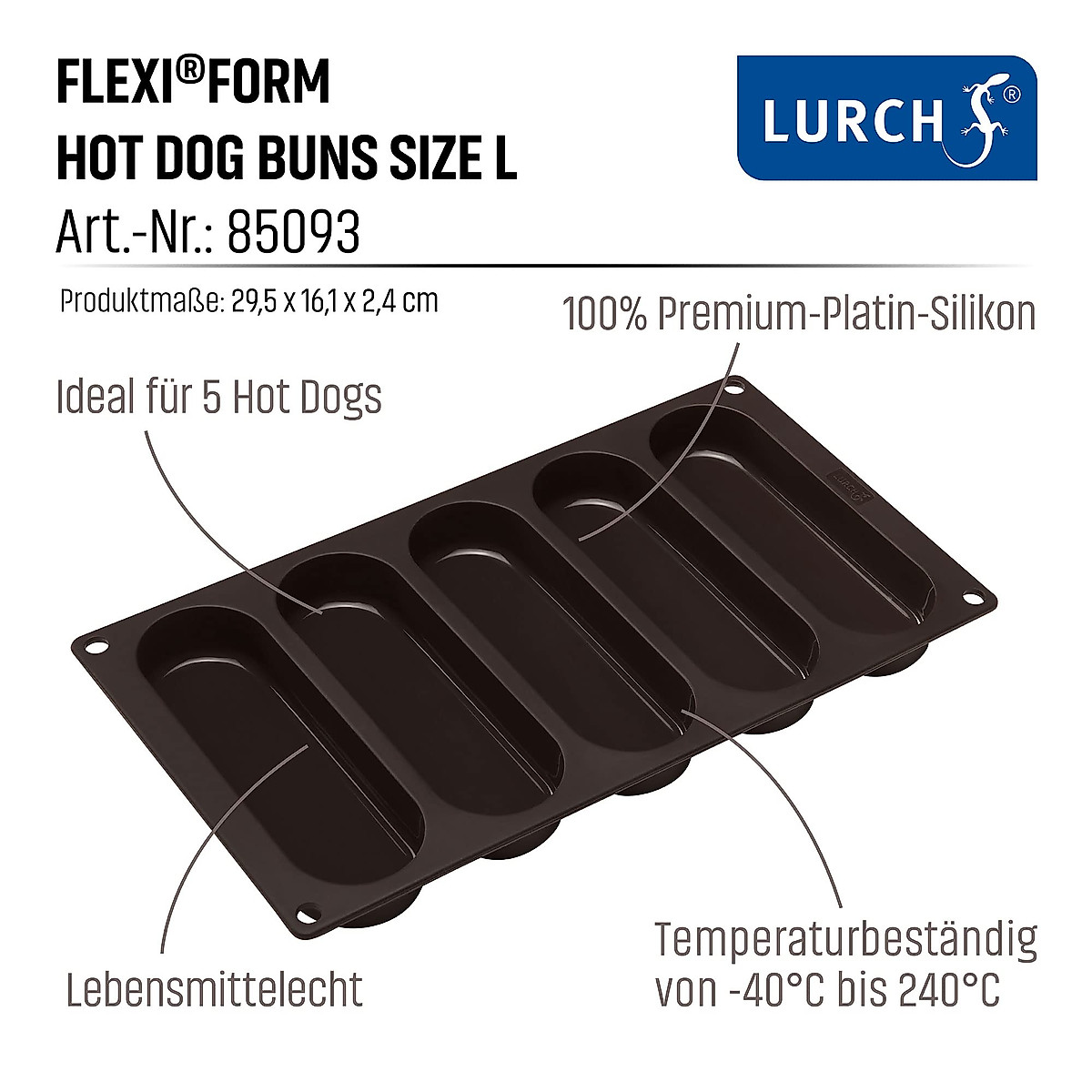 LURCH Germany Hot Dog Buns Mold | Silicone Non-stick Flexiform Baking Pan | 6-inch Hotdog shaped Bread, Rolls, Cake and Eclair Tray | BPA-Free