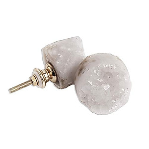 AMOYSTONE 2pcs Natural White Crystal Geode Knobs Unique Stone Handle Pulls Thread Brass Small for Door Drawer, Bedroom Cabinet