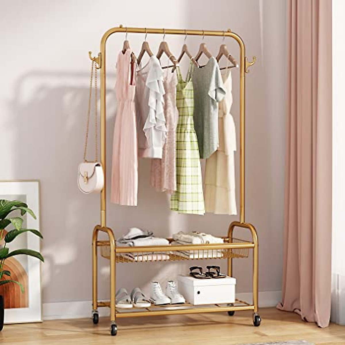 Thick forest Gold Clothing Rack Gold Clothes Rack Gold Garment Rack Heavy Duty Shoes Bags Gold Clothes Organizer Storage Shelves