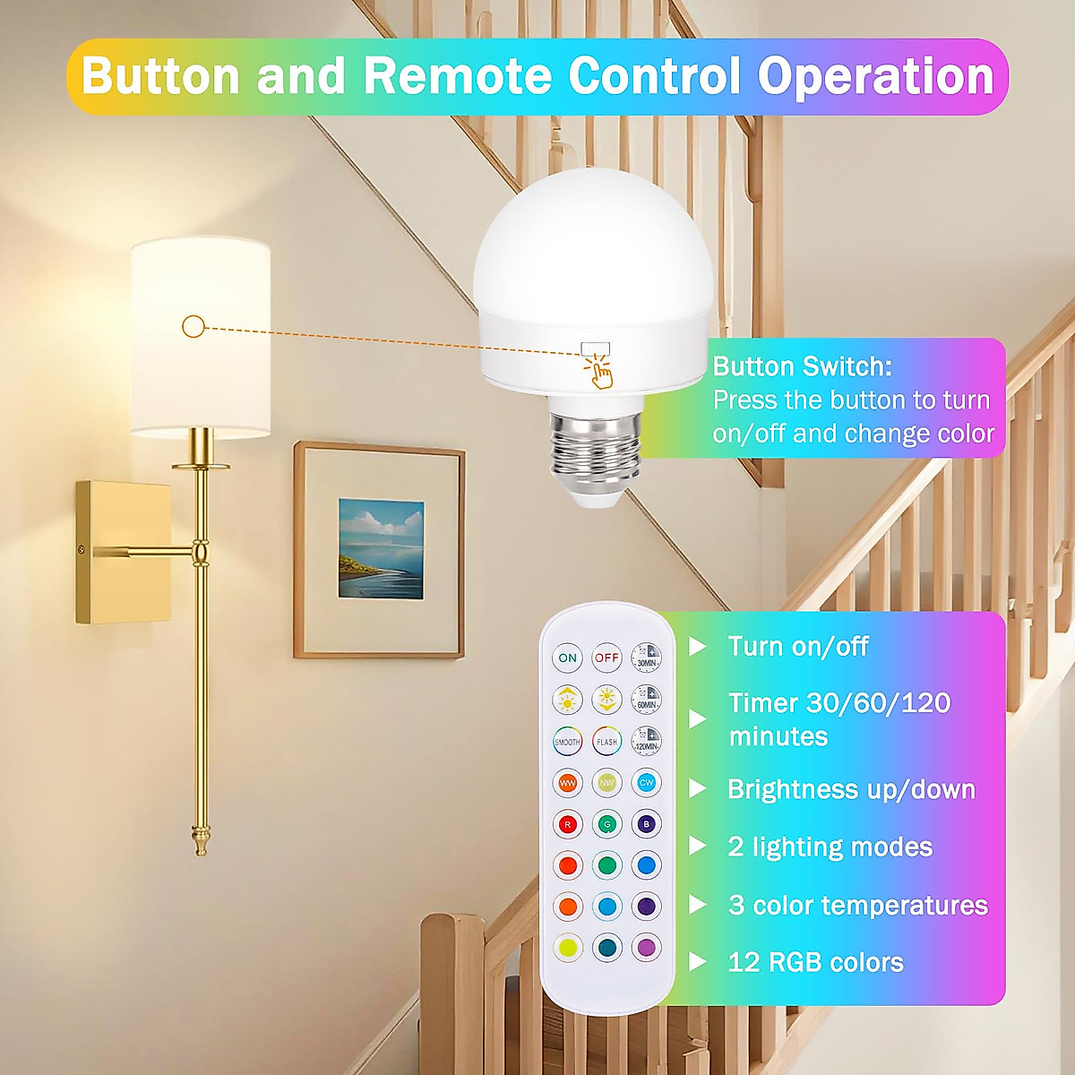 Odnora Rechargeable Battery Operated Light Bulbs with Remote Control 2 Packs, E26 Detachable Dimmable LED Bulb with 15 Colors & 3 Timer, Wireless Puck Light Bulbs for Lamps Wall Sconce, Non-Hardwired