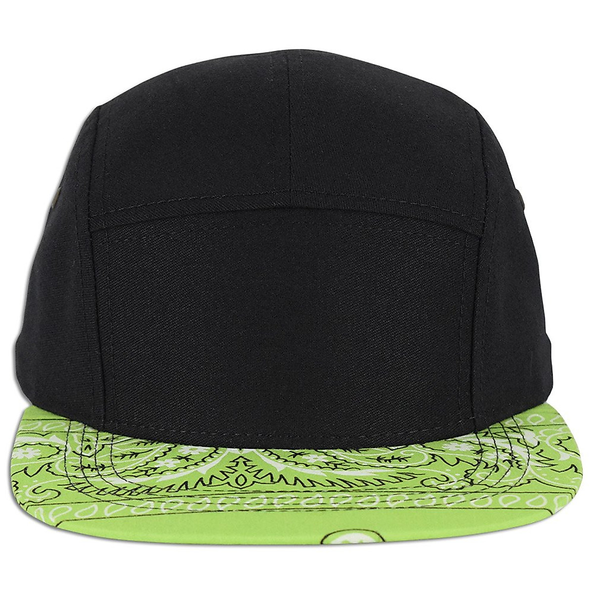Bandana Brim Paisley Money Camouflage Camper 5 Panel Strapback Buckle Hat Cap (Black/Lime Green Aisley)