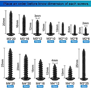 HanTof 420pcs M2 M3 M4 Phillips Truss Head Self-Tapping Wood Screws,Wafer Head Wood Screws,Pan Head with Washer Tapper Screws Assortment Kit for Wood,Plastic and Soft Metal,13 Sizes,Black Carbon Steel