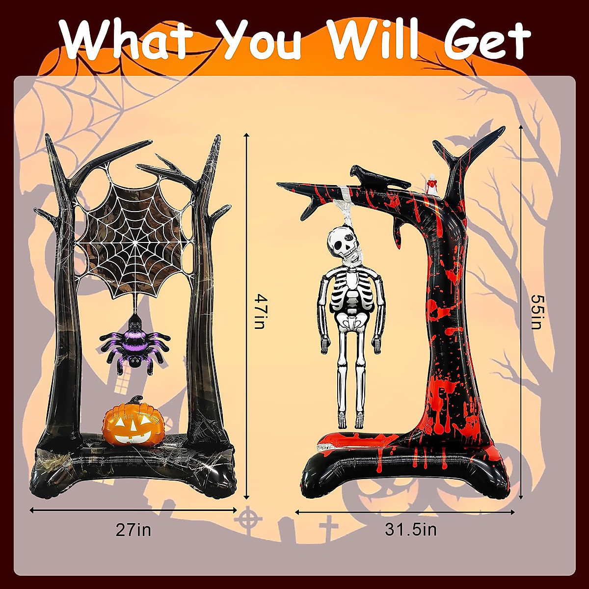 2Pcs Halloween Decorations 55'' Large Standable Balloons, Halloween Tree Scary Skeleton Foil Balloon, Spider Web Pumpkin Foil Balloon, Halloween Decor Mylar Balloons
