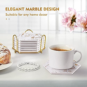 Geichan Marble Gold Coasters for Drinks Absorbent with Cork Base, 6pcs Drink Coasters for Wooden Table with Metal Holder, Gold Ceramic Cup Coaster Set Home Decor for Tabletop Protection