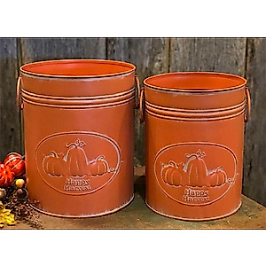 DNS Happy Harvest Buckets Large Metal Galvanized Burnt Orange Pumpkin Theme Containers Thanksgiving Fall Decorative Organizer (Set of 2) 9.2" & 8.8"
