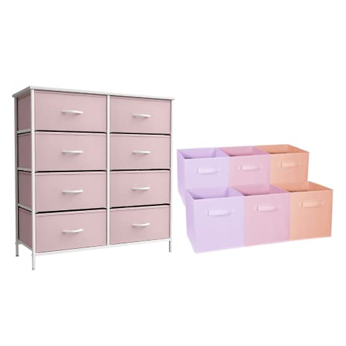 Sorbus Kids Pink Dresser with 8 Drawers + 11 Inch Pink, Purple, & Orange Cube Storage Bins (6 Pack) Bundle - Matching Set - Storage Unit Organizers for Clothing - Bedroom, Kids Rooms, Nursery, & Close