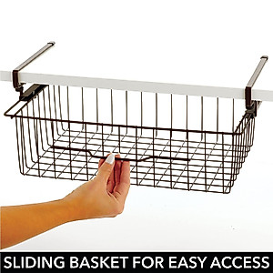 mDesign Large Metal Wire Hanging Pullout Drawer Basket - Sliding Under Shelf Storage Organizer - Attaches to Shelving - Easy Install - 4 Pack - Bronze