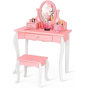 HONEY JOY Kids Vanity and Stool Set, Toddlers Pretend Play Vanity Set with 3 Drawers, 360° Rotating Oval Mirror, Wooden Girls Makeup Dressing Table for Bedroom Playroom, Gift for Little Girls (Pink)