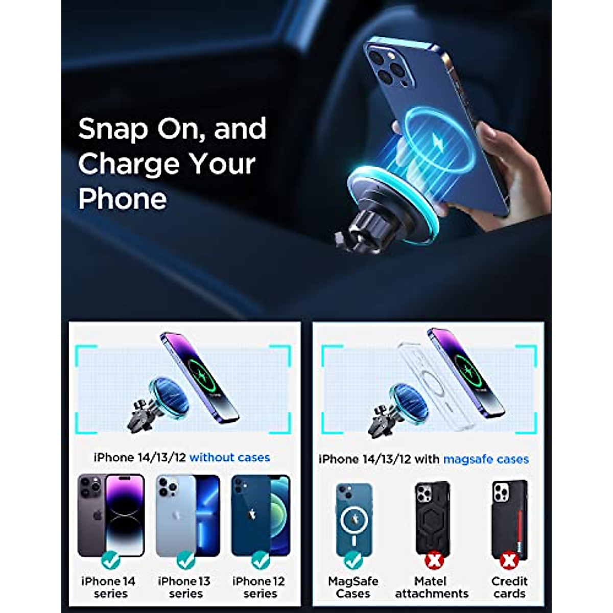 Design for Magsafe Car Mount Charger, [2-Layer Magnets Lock][for 99% Vent] Wireless Car Charger Magnetic, [5s Install] for Magsafe Car Charger, Magnet Car Fast Charger for iPhone 14/13/12 Series