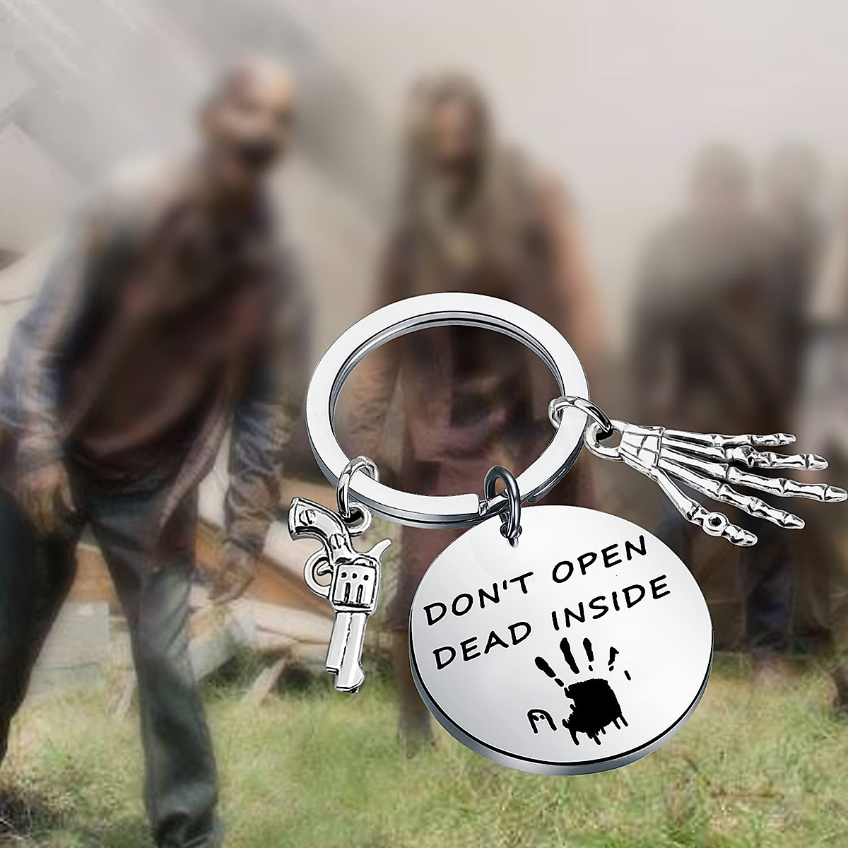 AKTAP Horror Zombie Movie Inspired Keychain Don’t Open Dead Inside Zombie Keyring for Walking -D Fans Gift