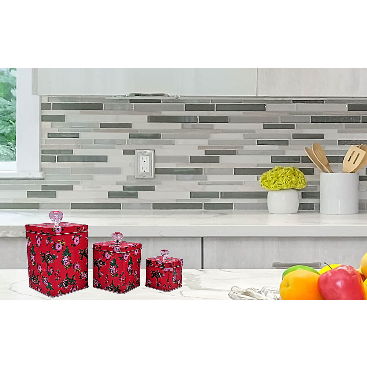 hadaaya Square Red Tin Can Empty Cube Steel Box Storage Container with Crystal Knob for Powder Treats, Gifts, Favors, Loose Tea, Coffee and Crafts, Mini Portable Small Storage Kit, Valentine Day Gift