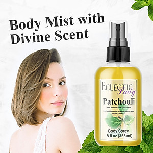 Body Spray for Women, 8 Oz Patchouli Essential Oil Body Mist with Long-Lasting Fragrance, Earthy & Clean Scent Reminiscent of the 1960s & 70s, Light, Subtle Perfume with Wood Notes, 100% Paraben Free
