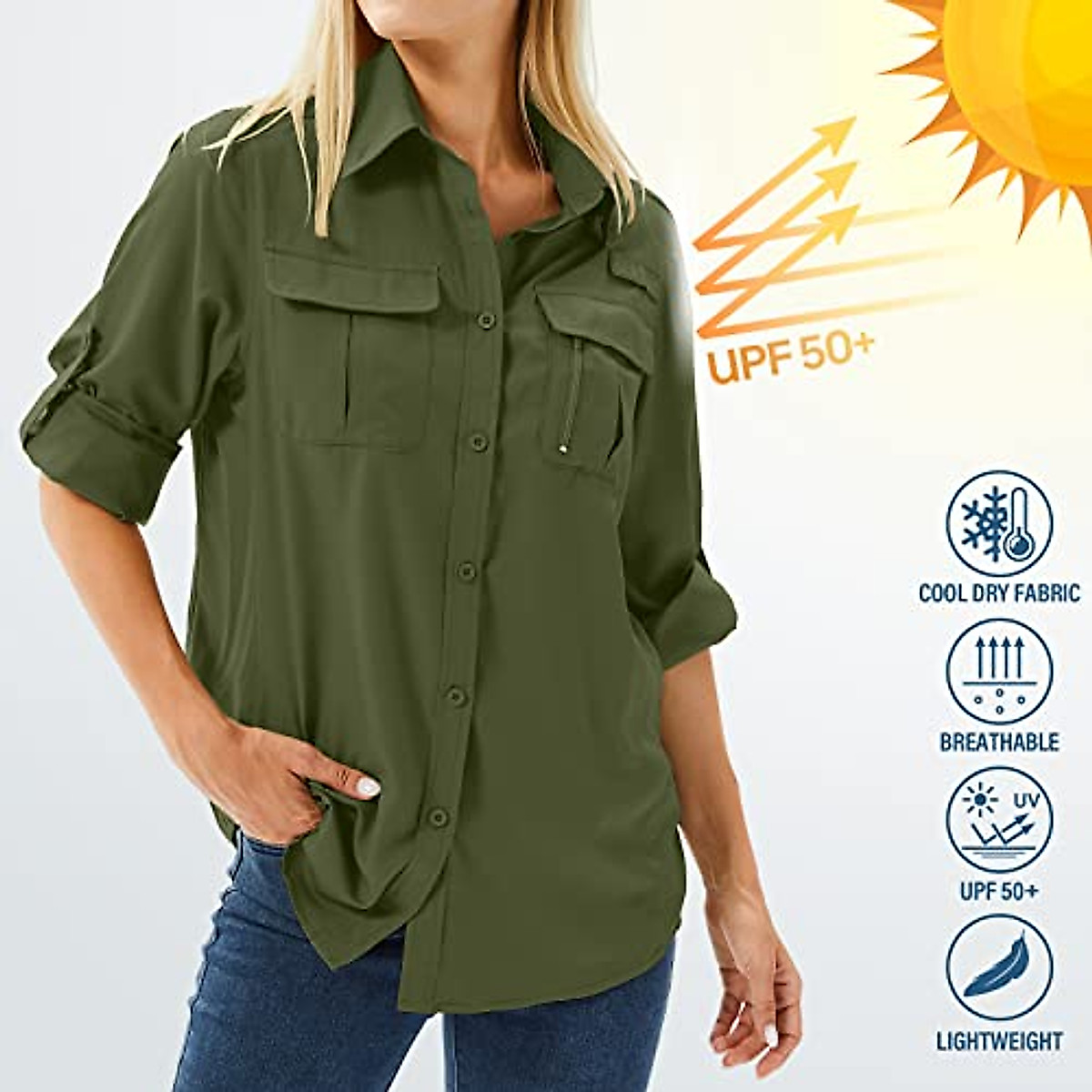 Toumett Women's UPF 50 Long Sleeve UV Sun Protection Safari Shirts Outdoor Quick Dry Fishing Hiking Travel Shirts(Amy Green,M,5071)