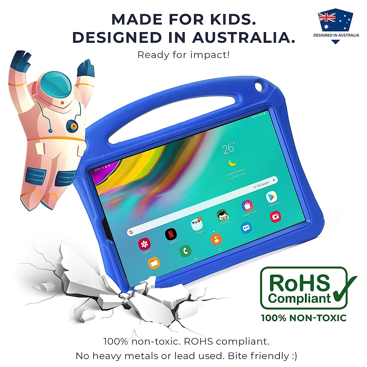 Bam Bino Space Suit Rugged Kids Case for Samsung Galaxy Tab S5e 10.5, Designed in Australia for Children, Built-in Screen Protector, Handle, Stand, Pencil Holder, Shoulder Strap (Galactic Blue)