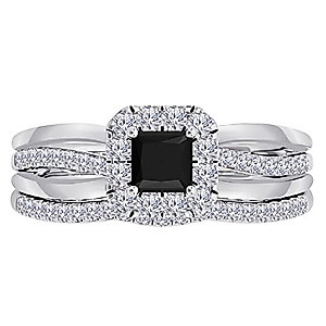 Jewelryhub 2CT Princess Cut Black Cz Diamond 925 Sterling Silver Wedding Bridal Set Split Shank Halo Engagement Ring Set Size 4-12