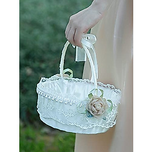 NEOITY Wedding Flower Girl Basket, White Flower Basket with Handle, Elegant Satin Flower Basket Decorated with Lace, Peals and Bows for Wedding Ceremony Party Decoration(#1)