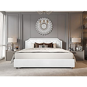 BONSOIR Queen Size Storage Bed Frame Upholstered Low Profile Traditional Platform with Tufted and Nail Headboard/4 Pull Out Drawers/White Faux Leather