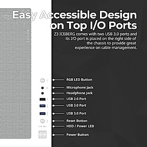 Zalman Z3 Iceberg ATX Mid Tower Gaming PC Case - 2 x 120mm ARGB Fans Preinstalled - Tempered Glass Side Panel - Support E-ATX, 2 x USB 3.0, White